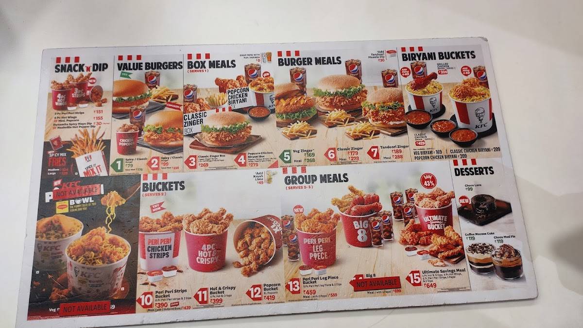 Menu at KFC, Kothamangalam