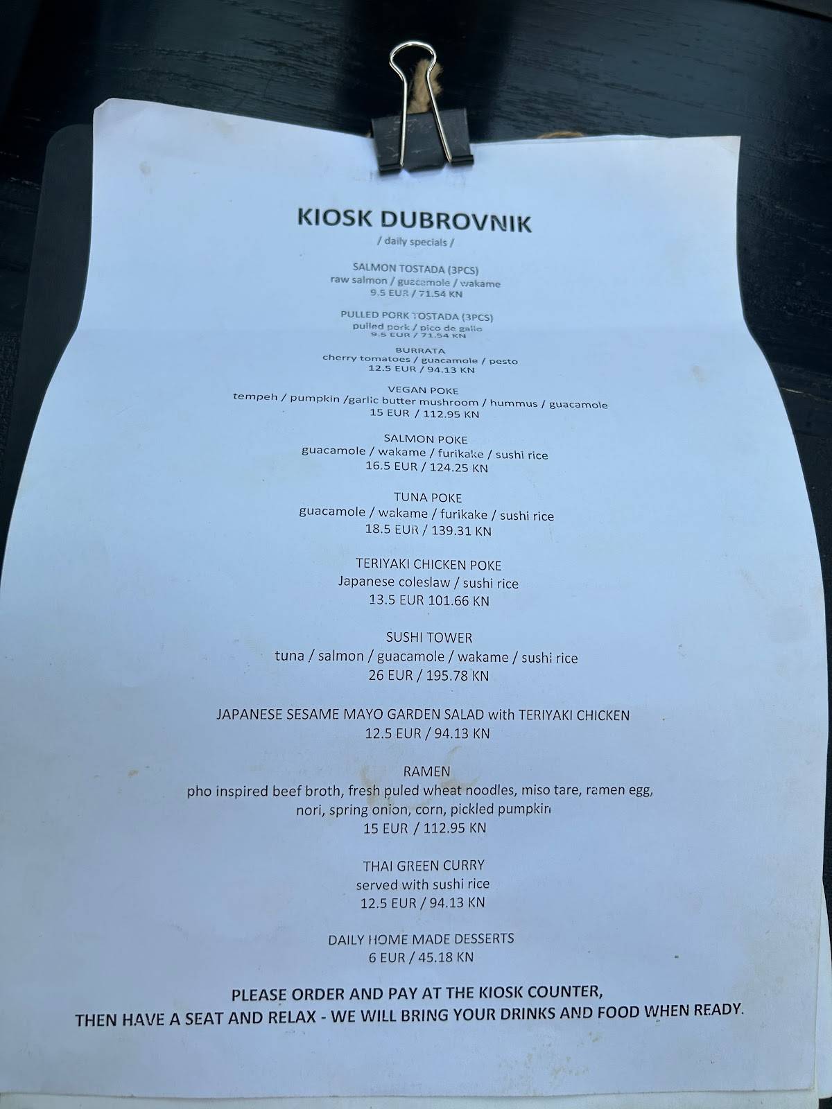Menu au KIOSK DUBROVNIK restaurant, Dubrovnik