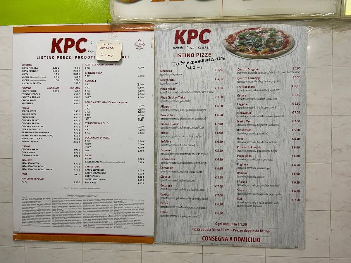 Menu da KPC -( kebab pizza chicken)Fast food restaurant, Padova