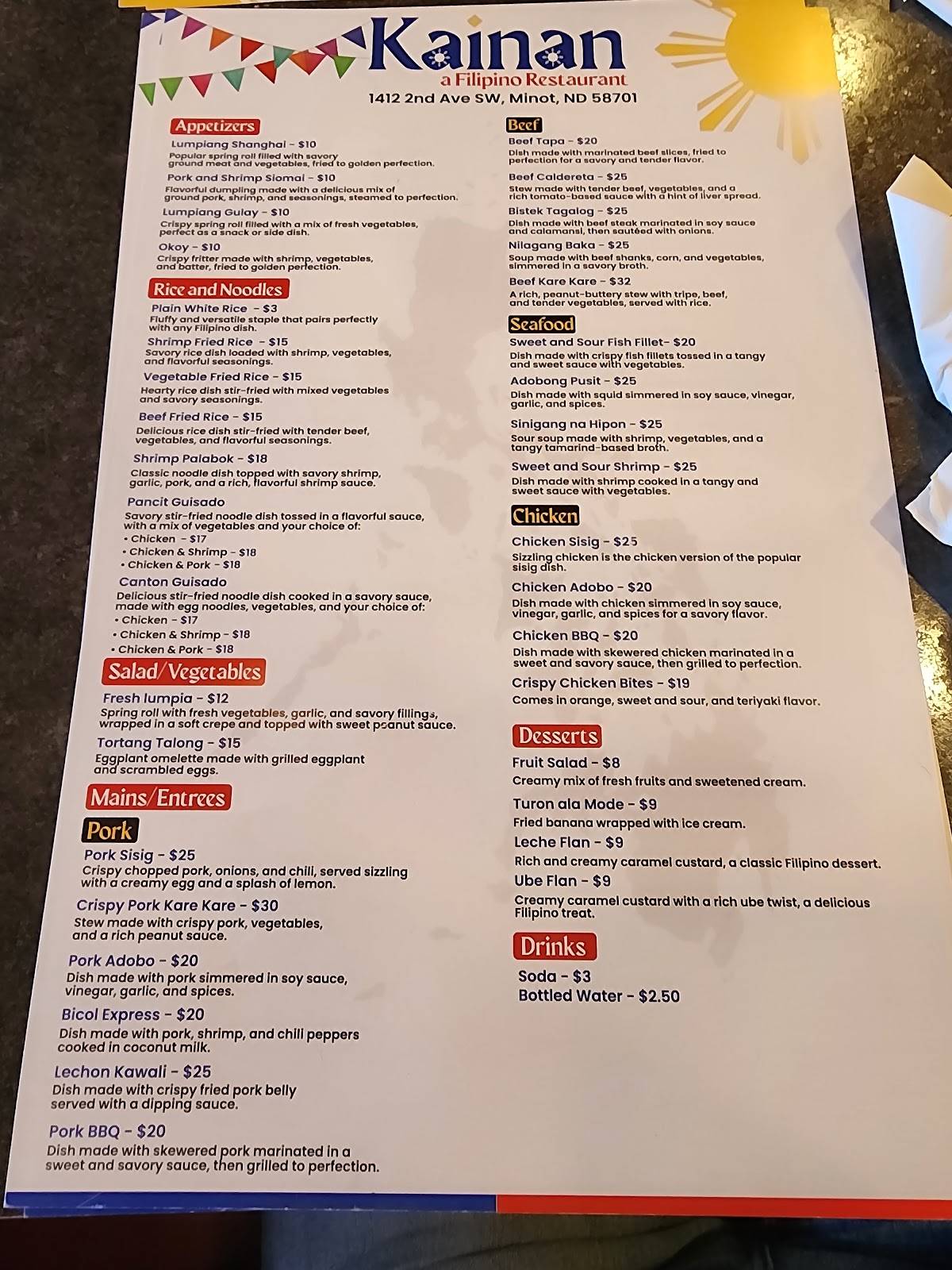 Menu at Kainan Filipino Restaurant, Minot
