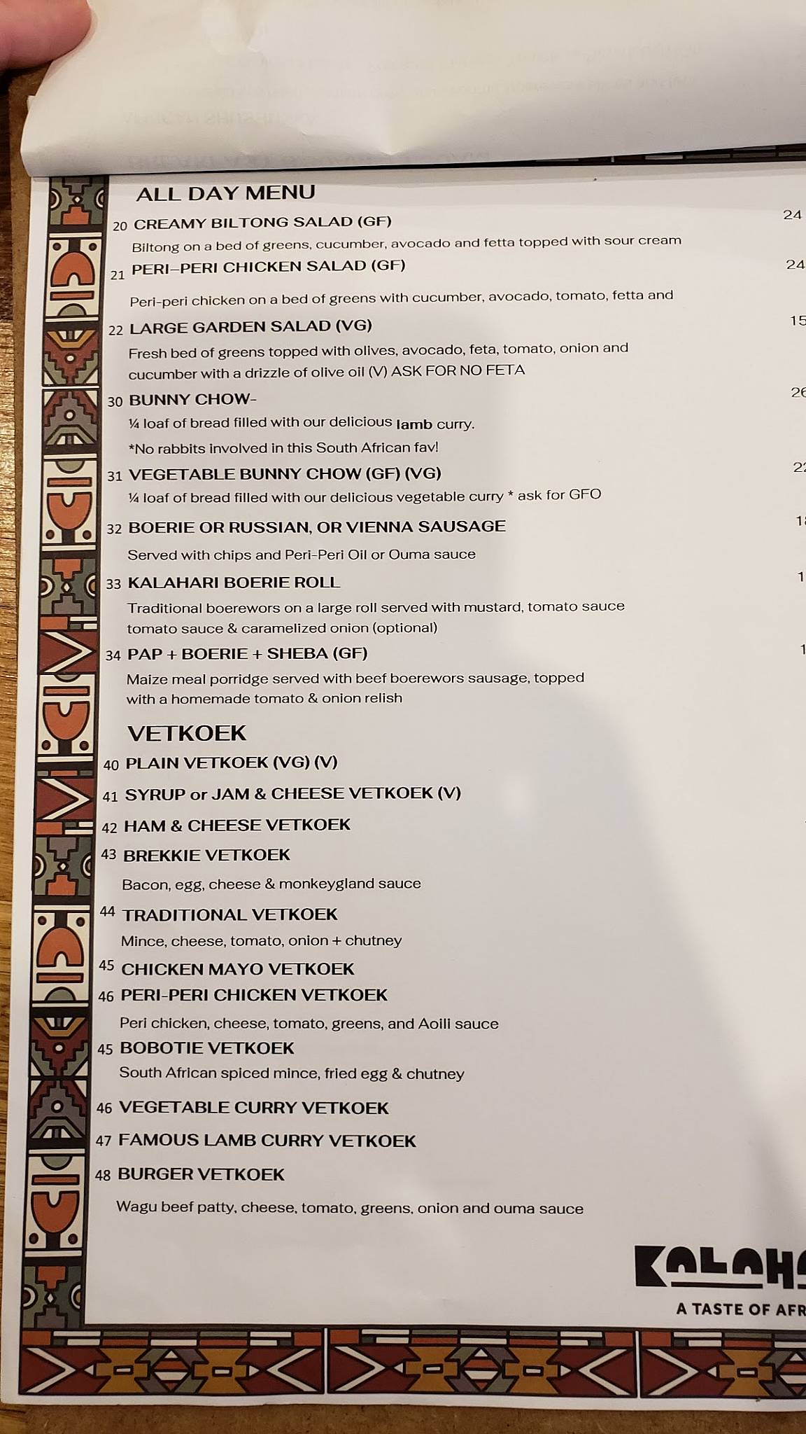Menu at Kalahari A Taste of Africa restaurant, Willetton