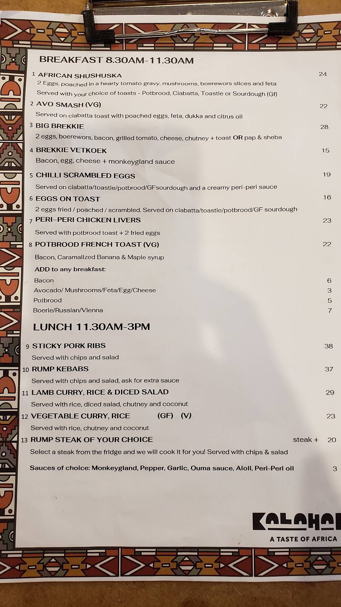 Menu at Kalahari A Taste of Africa restaurant, Willetton