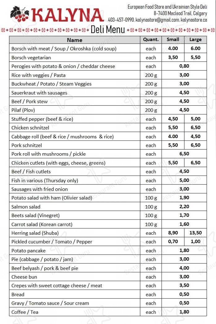 Menu au Kalyna restaurant, Calgary
