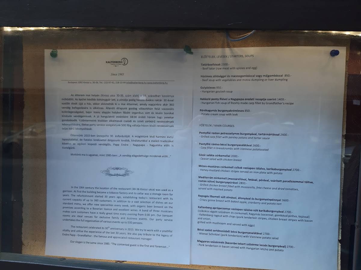 Menu at Kaltenberg Sörház & Étterem restaurant, Budapest