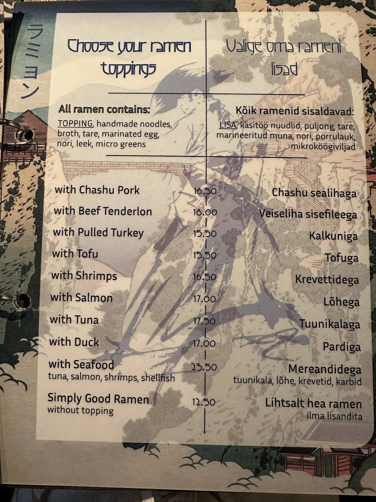 Menu au Kanuti Ramen Bar, Tallinn