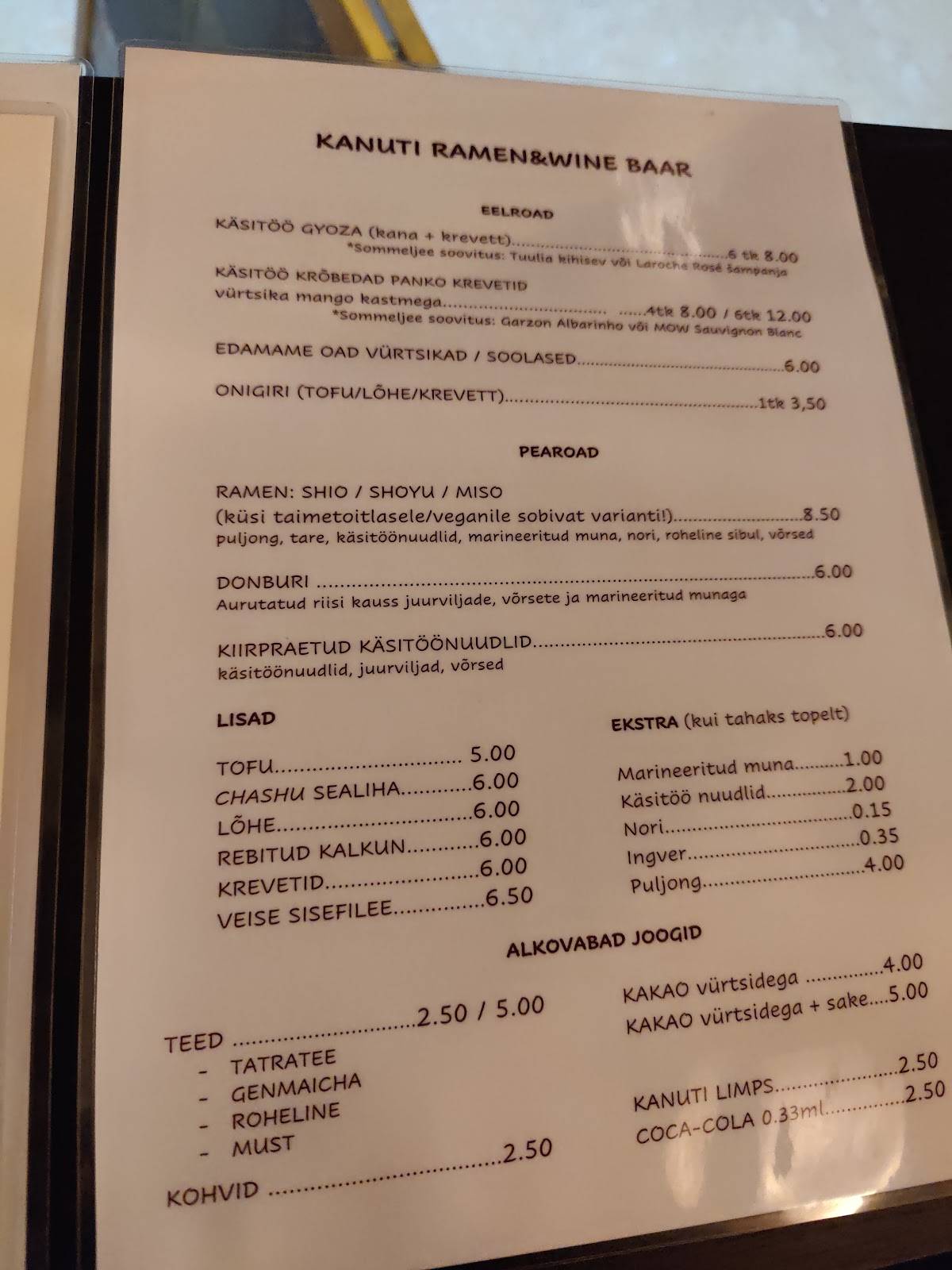 Menu au Kanuti Ramen Bar, Tallinn