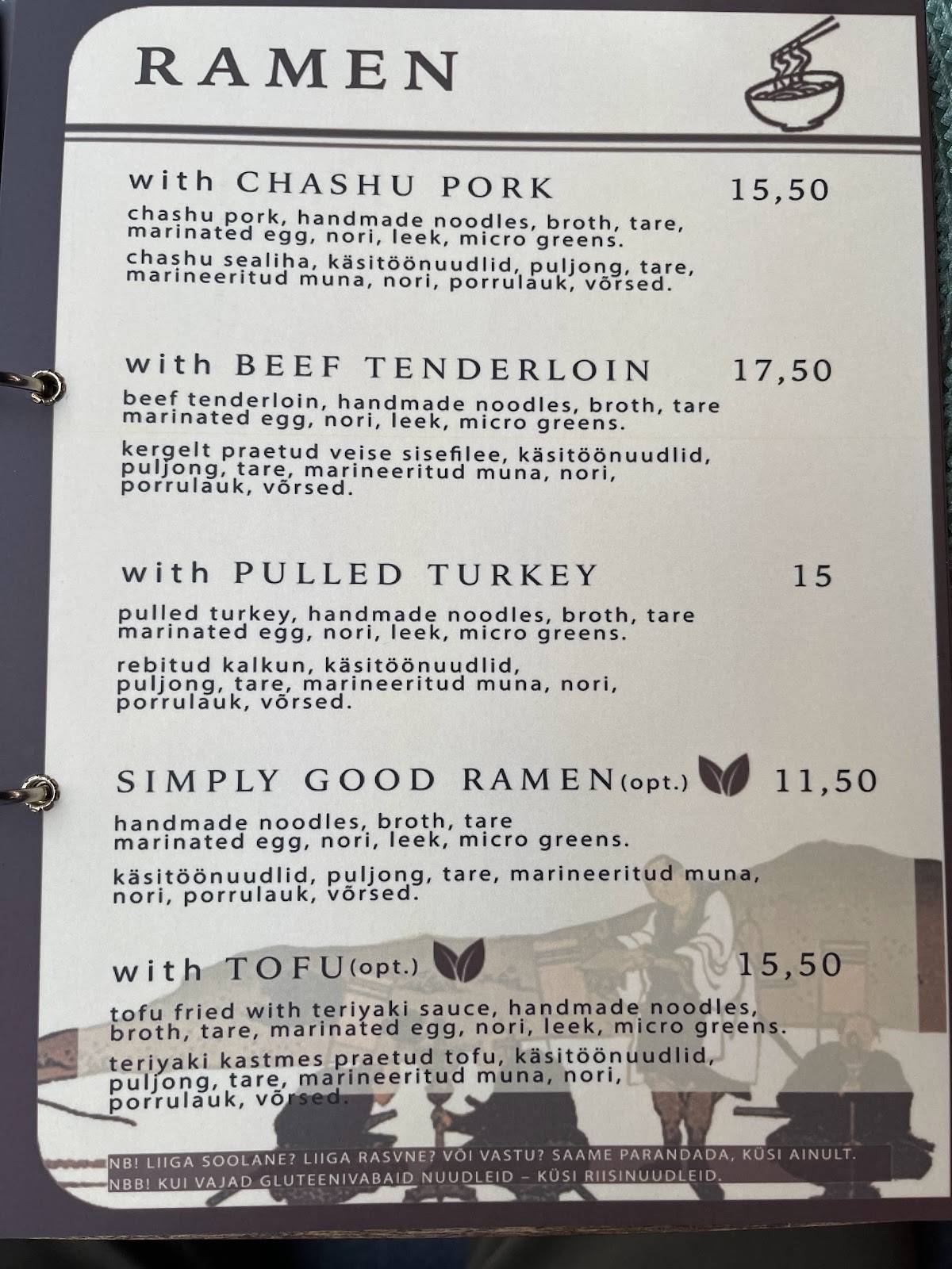 Menu au Kanuti Ramen Bar, Tallinn