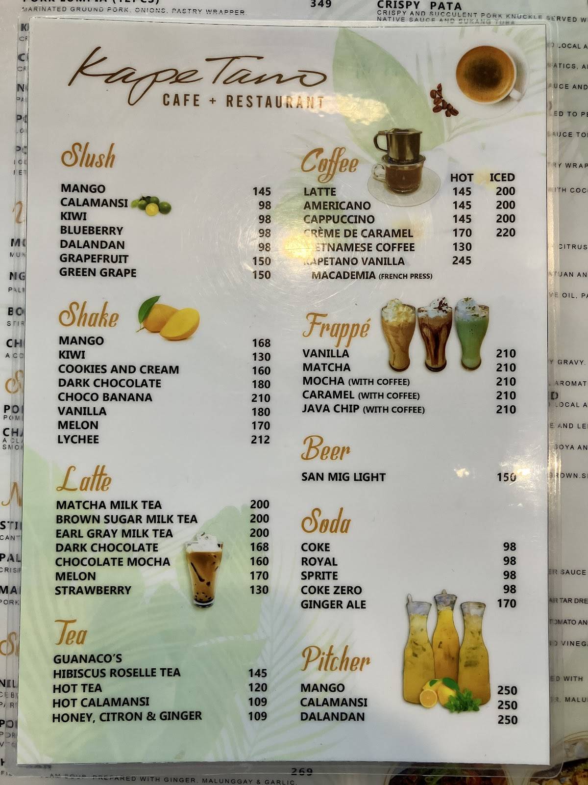 Menu at Kape Tano restaurant, Cebu City