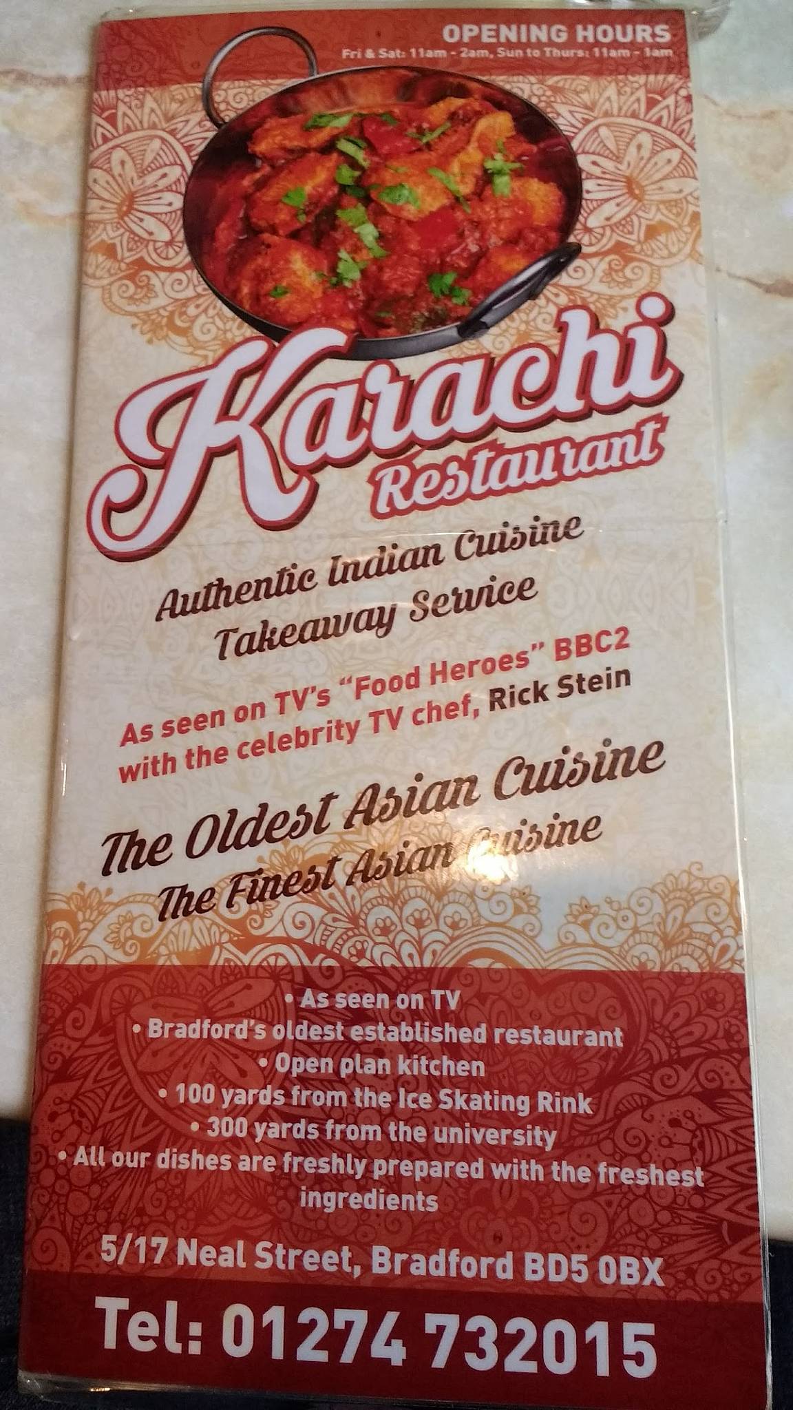 Menu at Karachi Restaurant, Bradford, 15 Neal St