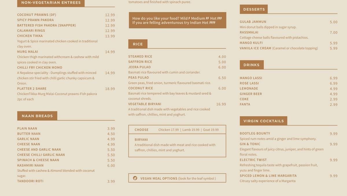 Menu at Karma Indian restaurant, Tweed Heads