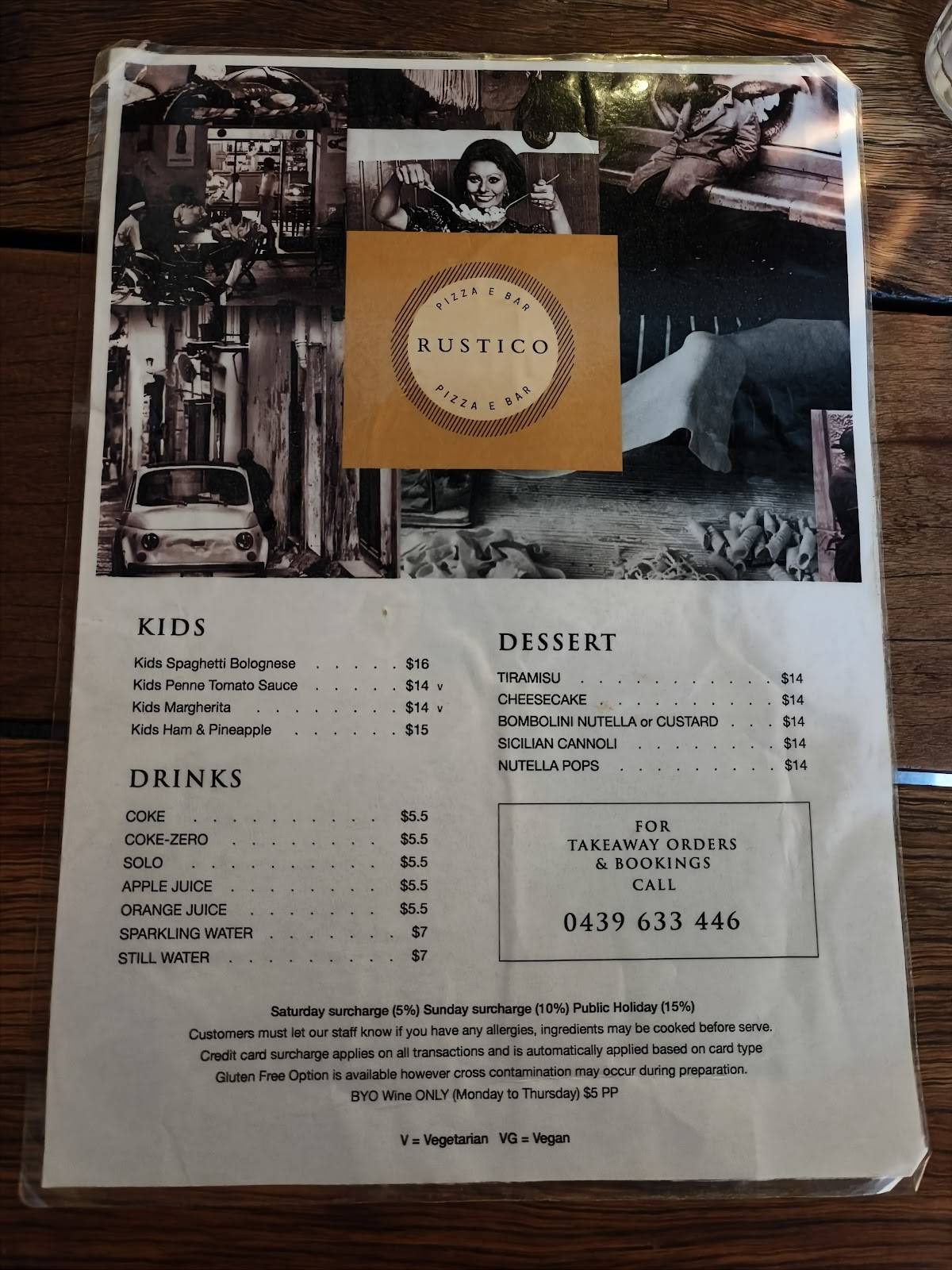 Menu at Rustico restaurant, Katoomba