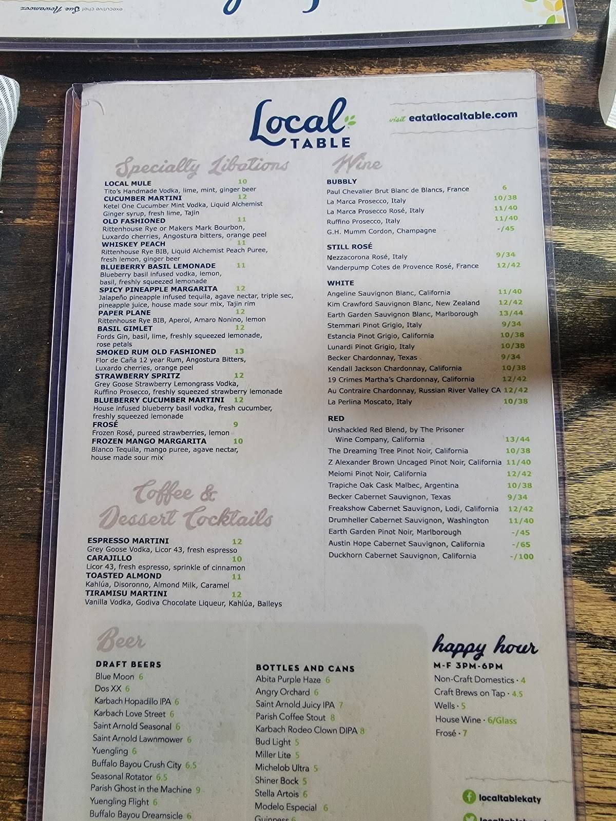 Menu at Local Table restaurant, Katy, Cinco Ranch Blvd