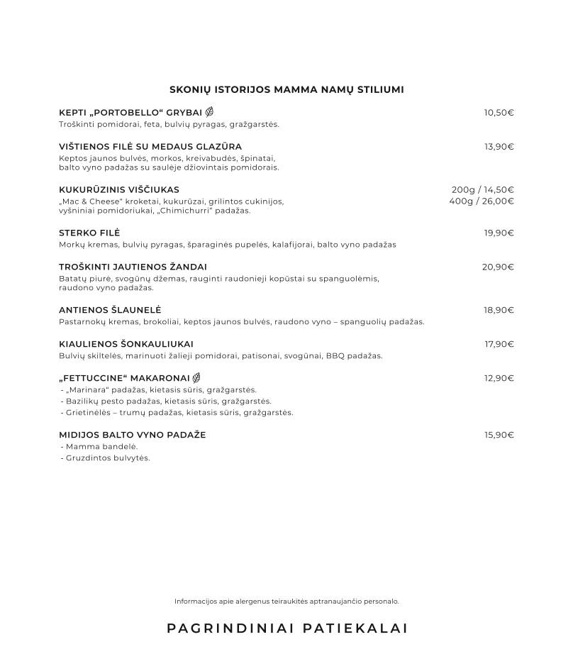 Menu at Mamma Kitchen Stories restaurant, Kaunas