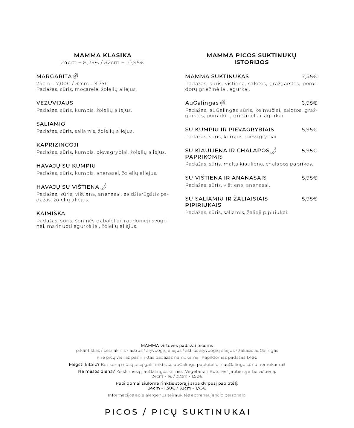 Menu at Mamma Kitchen Stories restaurant, Kaunas