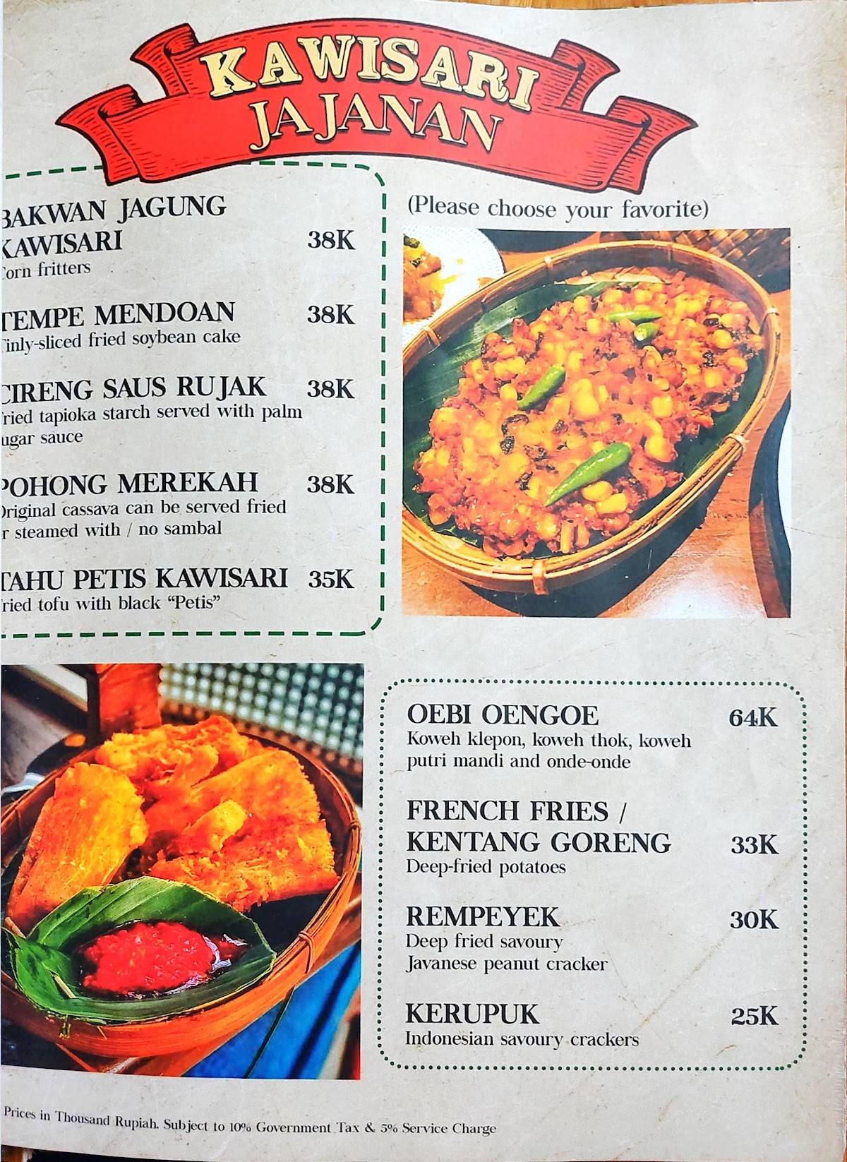 Menu at Kawisari Cafe & Eatery, Central Jakarta