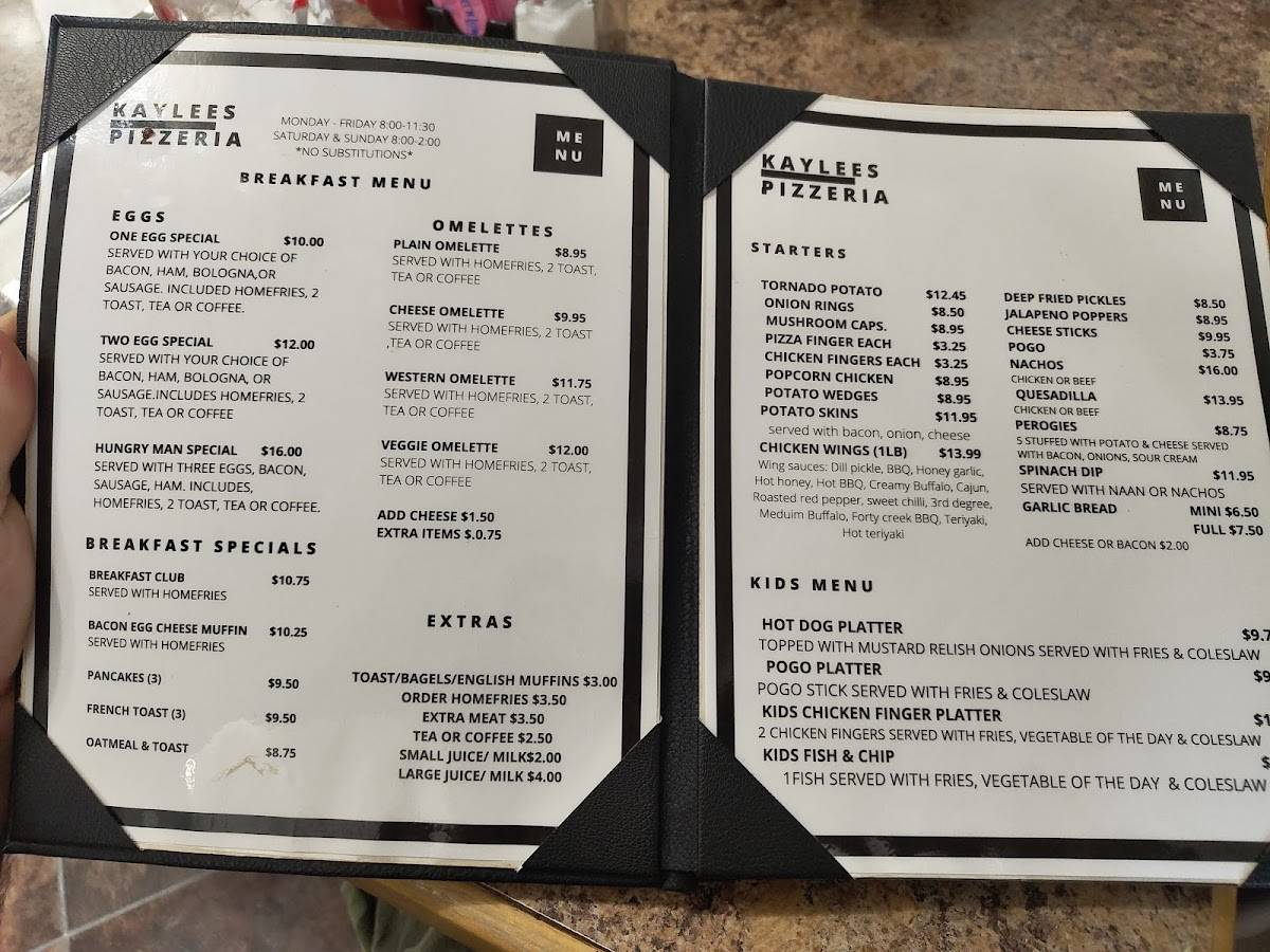 Menu at Kaylee's Pizzeria, Kapuskasing