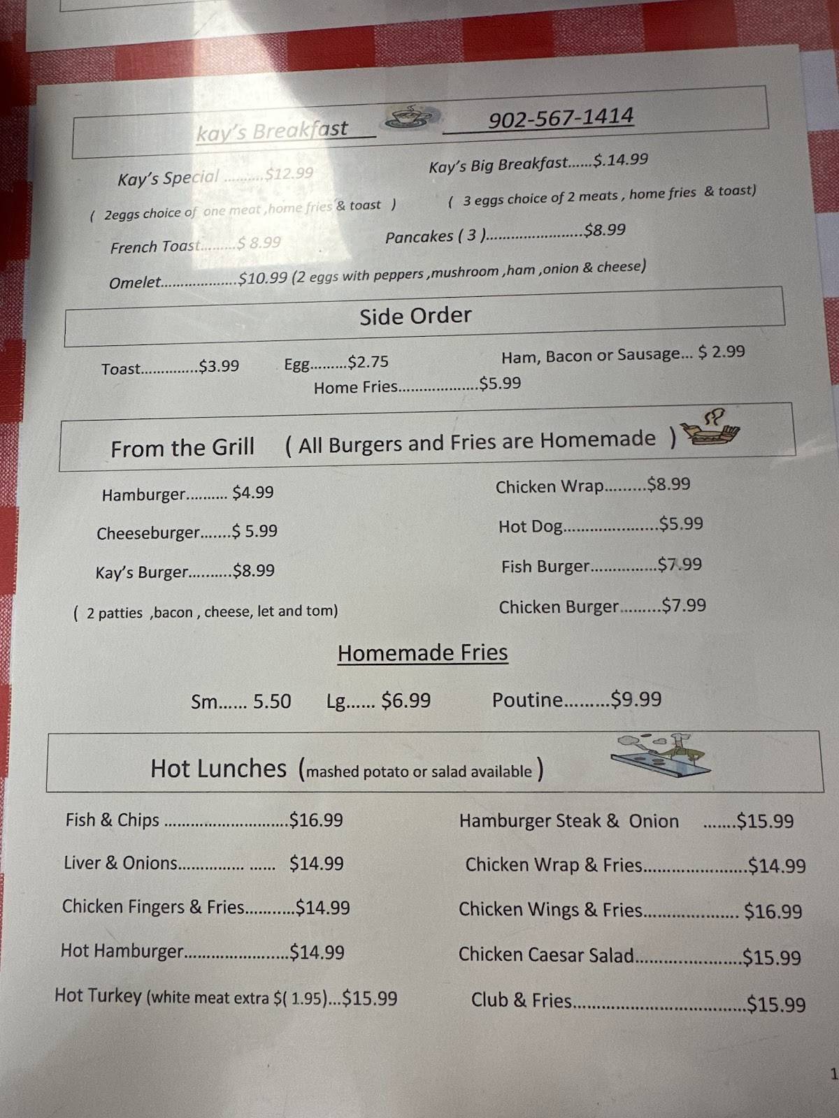 Menu at Kay's Kozy Korner pizzeria, Sydney