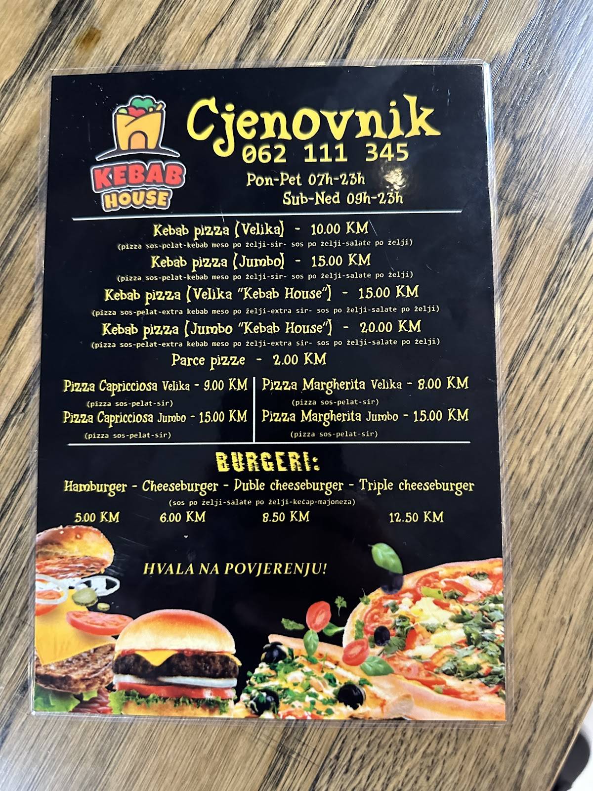 Menu au Kebab House restaurant, District de Brčko