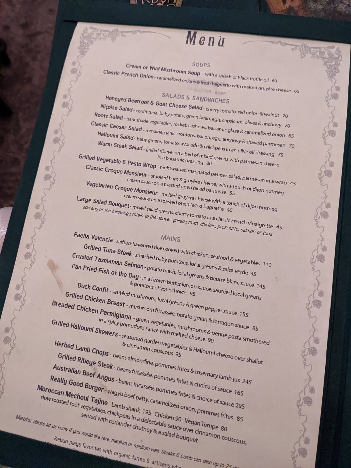 Menu at Kebun Bistro fast food, Ubud