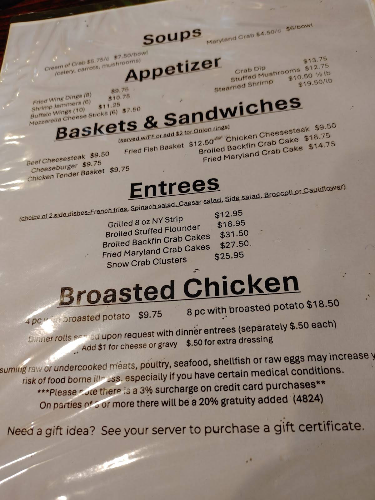 Menu at Kelly's Inn restaurant, York