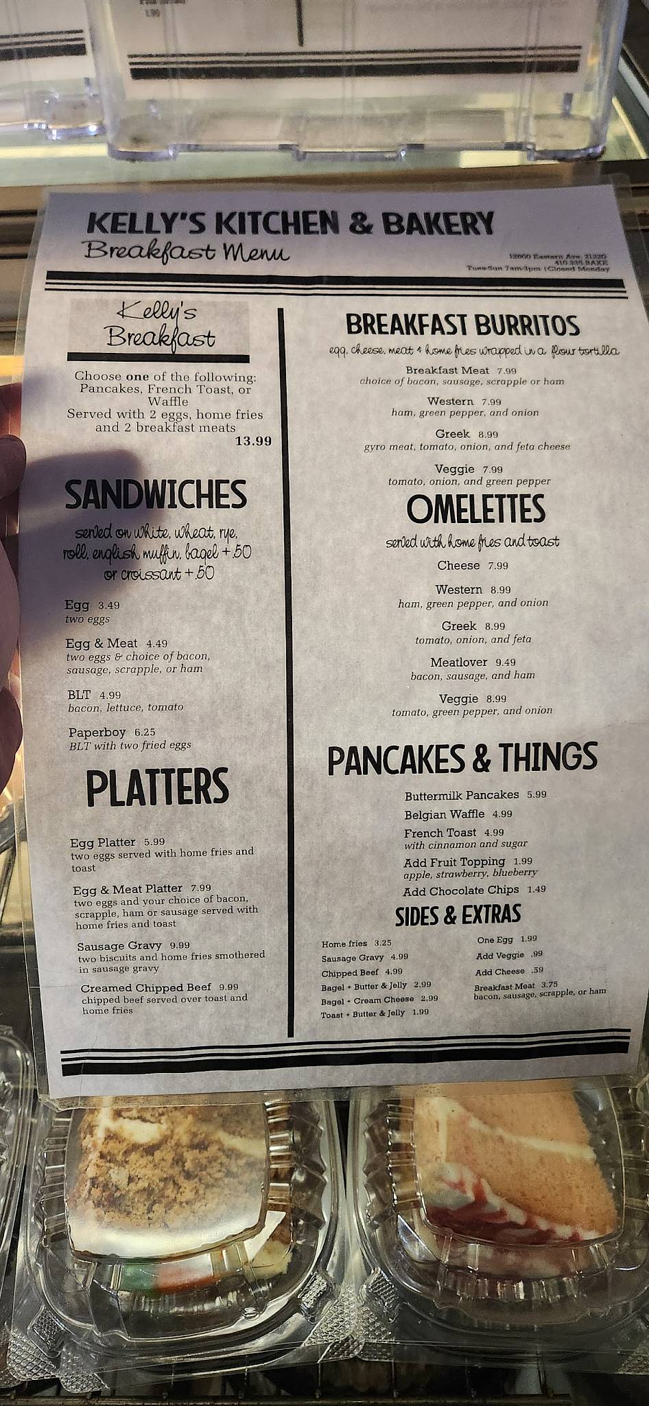 Menu at Kelly's Kitchen and Bakery, Middle River, Eastern Ave