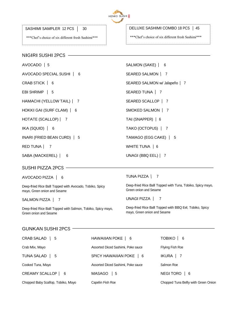 Menu at Kenko Sushi restaurant, Okotoks