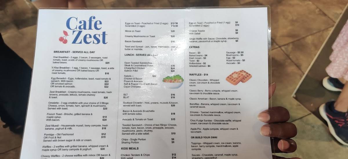 Menu at Cafe Zest & the Waffle Room, Kerikeri