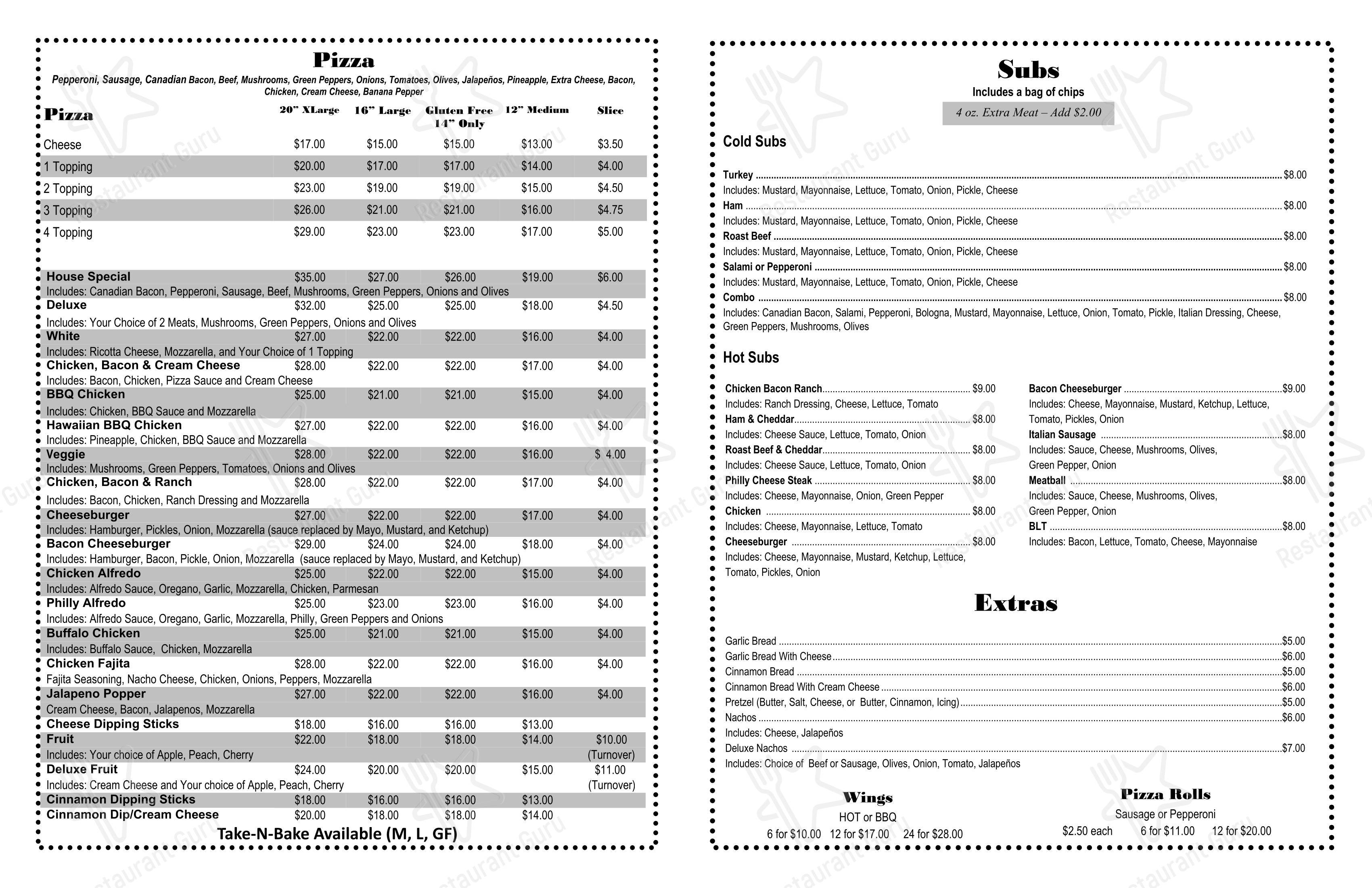 Carta de pizzería Kersey Pizza, Kersey