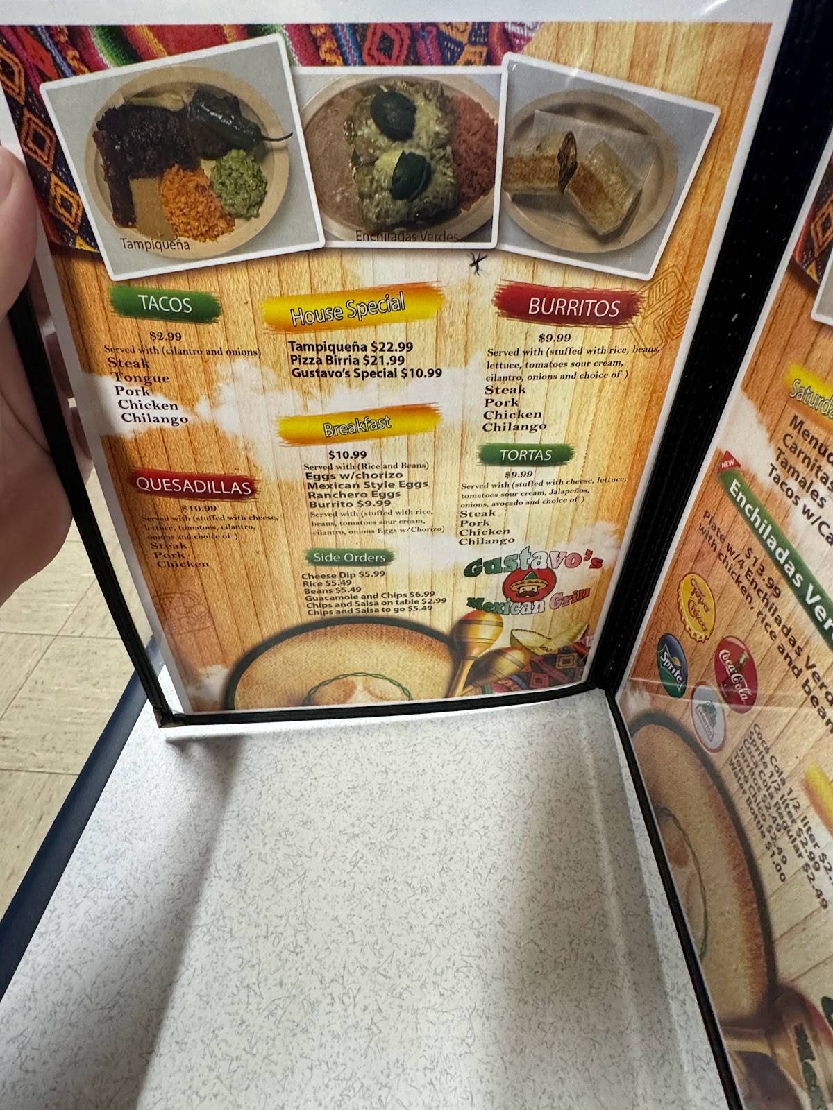 Menu at Gustavo's Mexican Grill restaurant, Kewanee