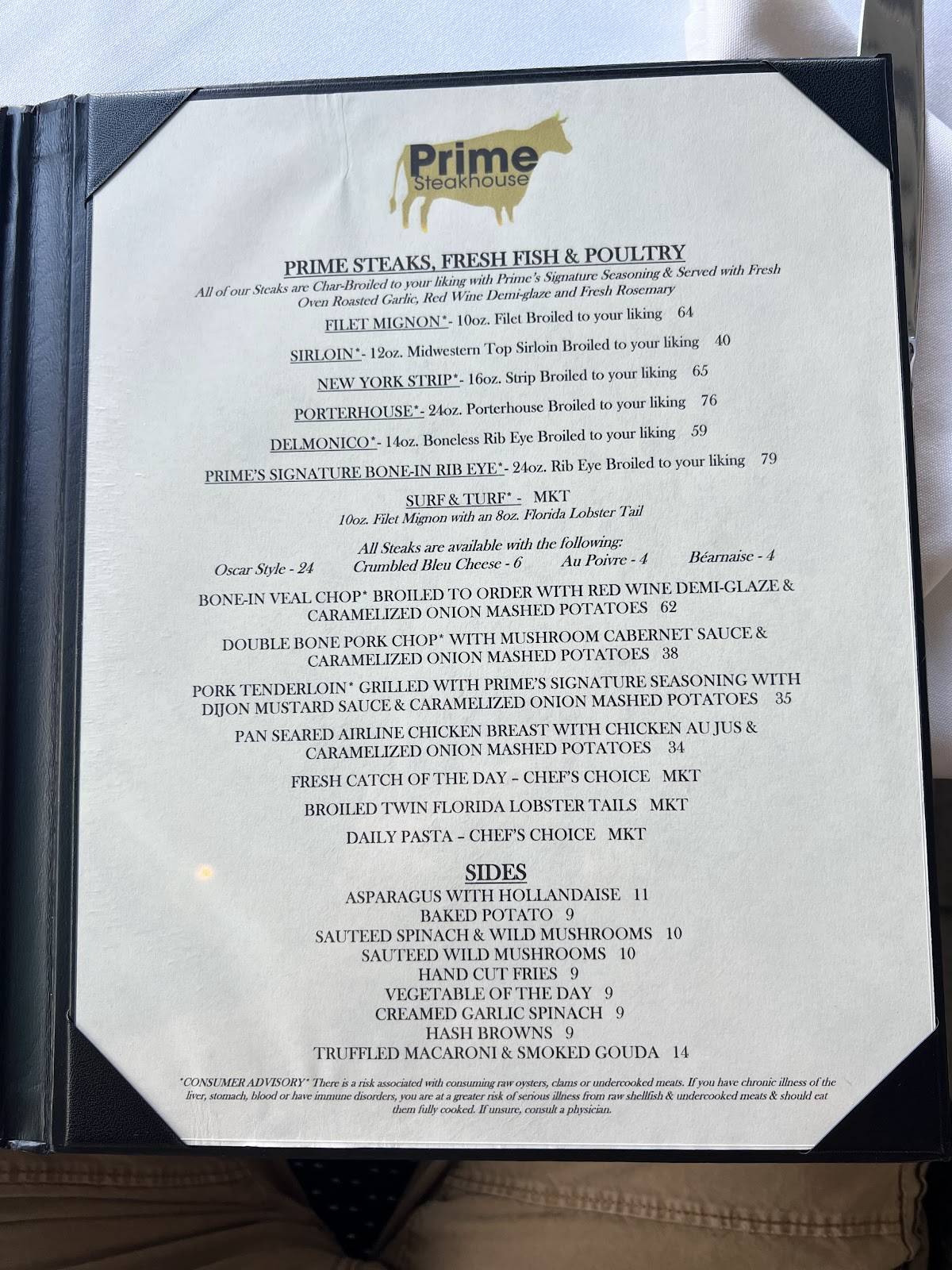 Menu at Prime Steakhouse, Key West