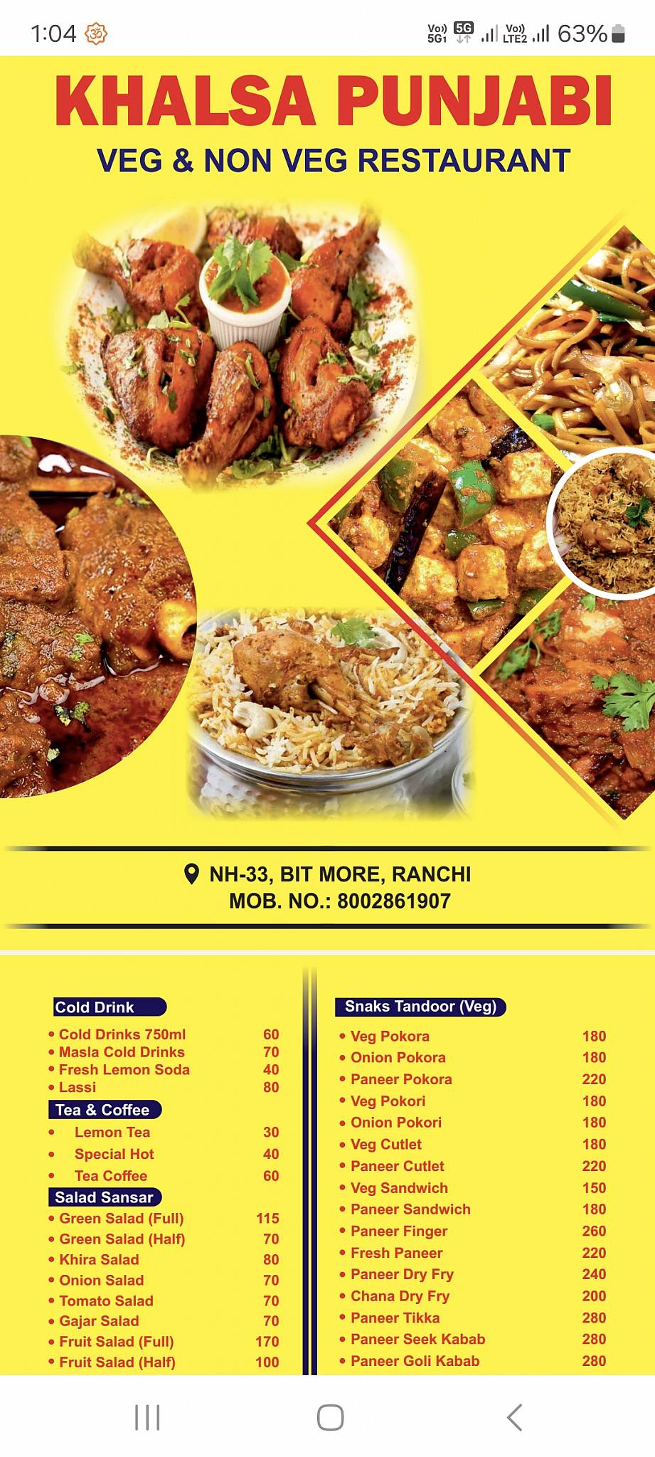 Menu at Khalsa Punjabi Restaurant, Mesra, Ranchi - Ramgarh Rd