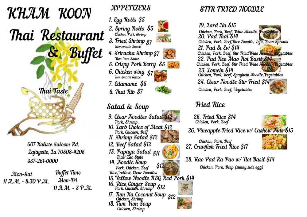 Carta de Kham Koon Thai Restaurant & Lunch Buffet, Lafayette