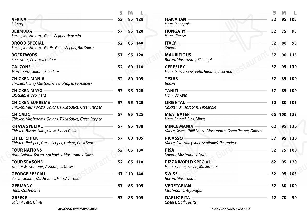 Menu at Khaya's Pizza Shack restaurant, Ceres