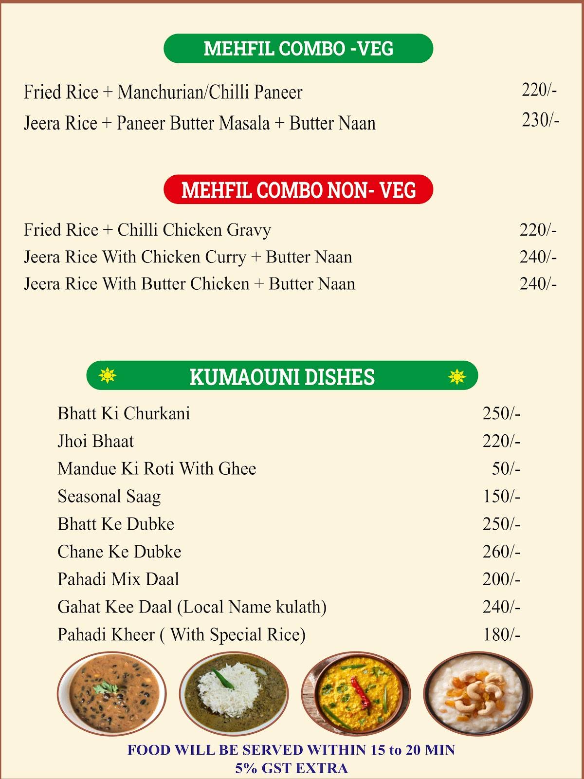 Menu at Kumaoni Mehfil, Khera