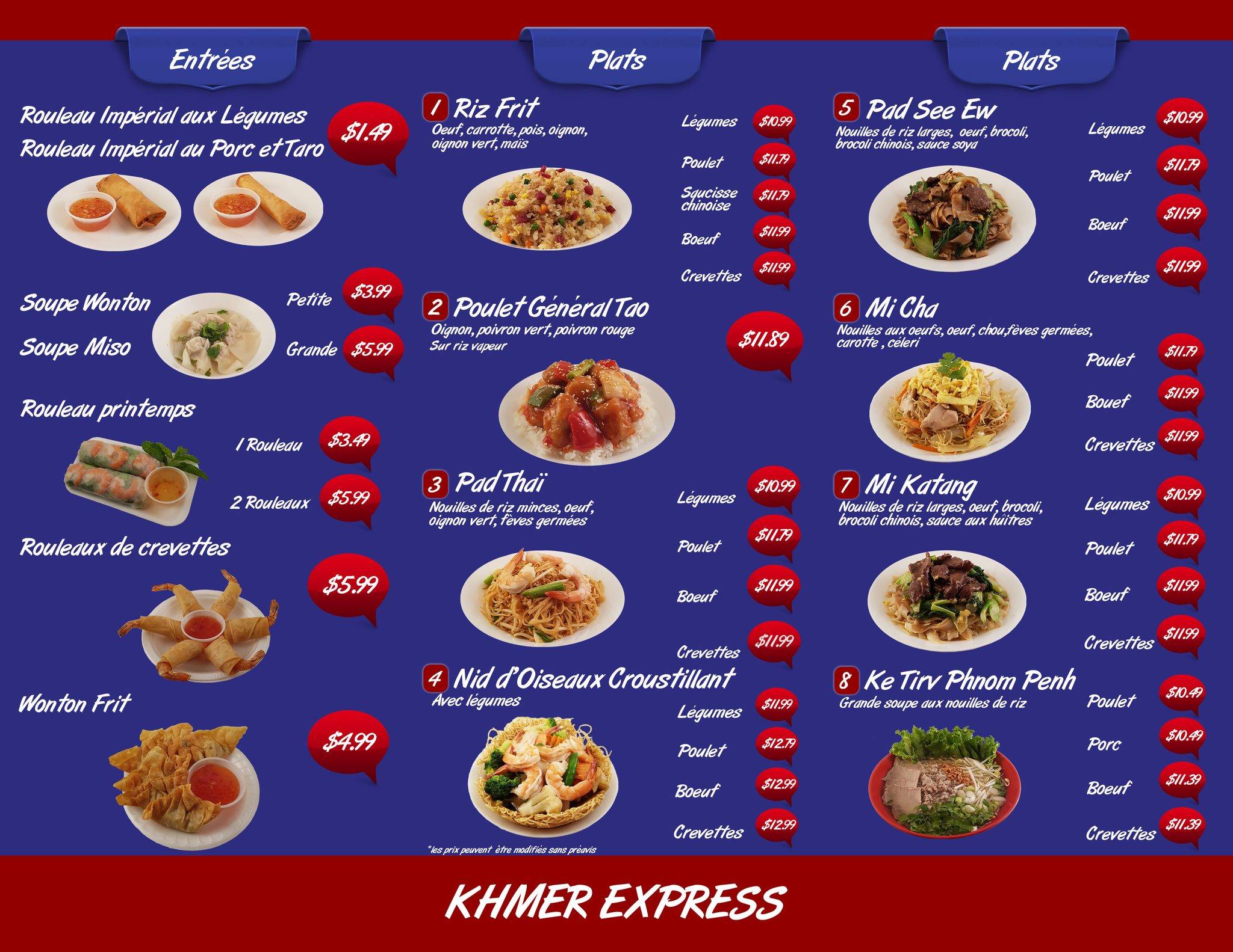 Menu at Khmer Express restaurant, Laval