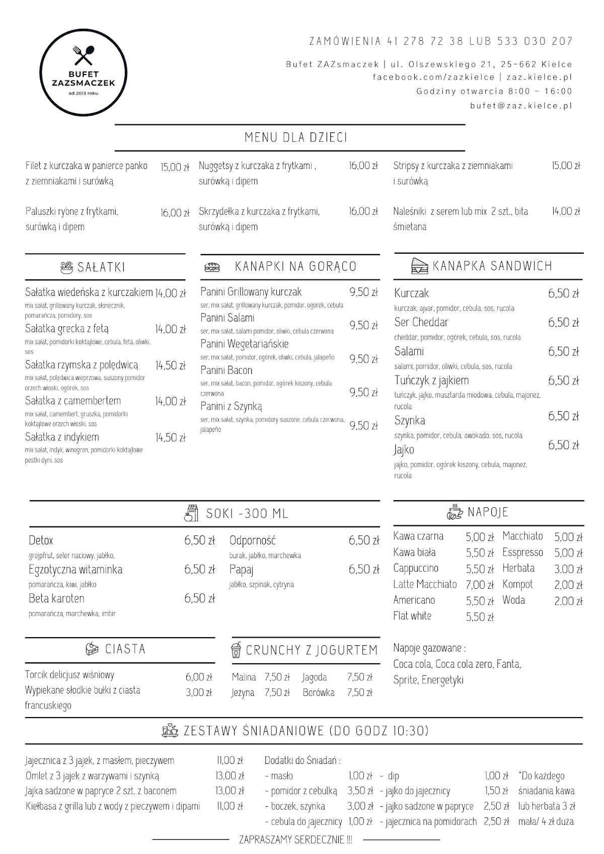 Menu at Bufet ZAZ Smaczek cafeteria, Kielce
