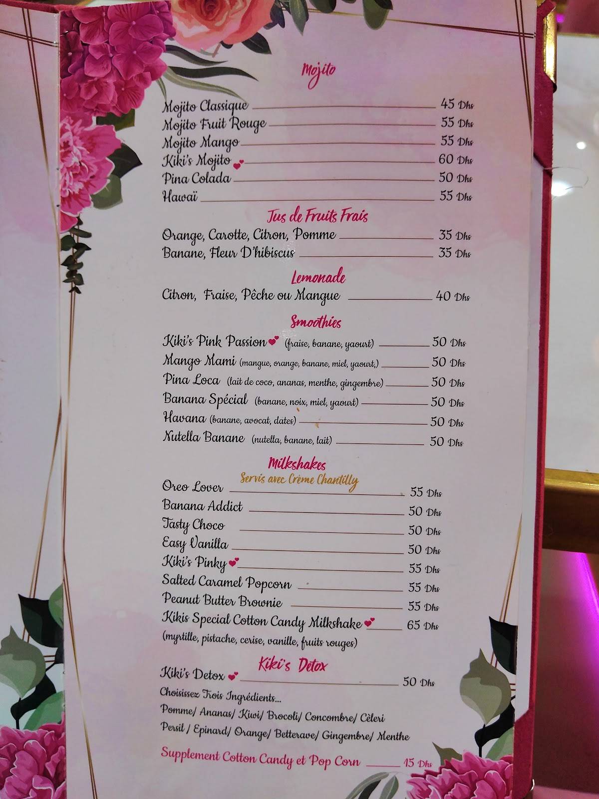 Menu au Kiki's Café Zerktouni, Casablanca