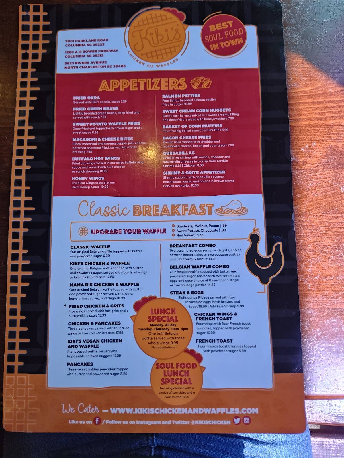 Carta del restaurante Kiki's Chicken and Waffles, Columbia, Parklane Rd