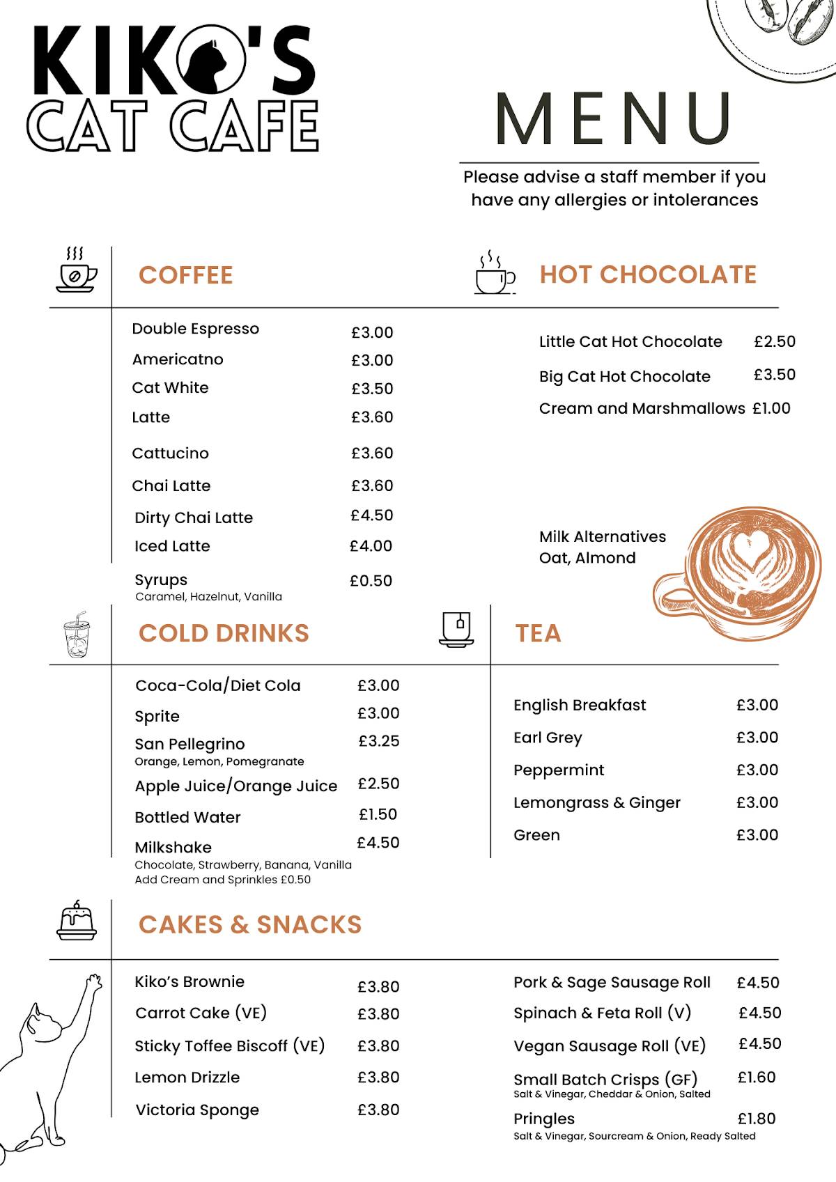 Menu at Kiko’s Cat Cafe, Rye