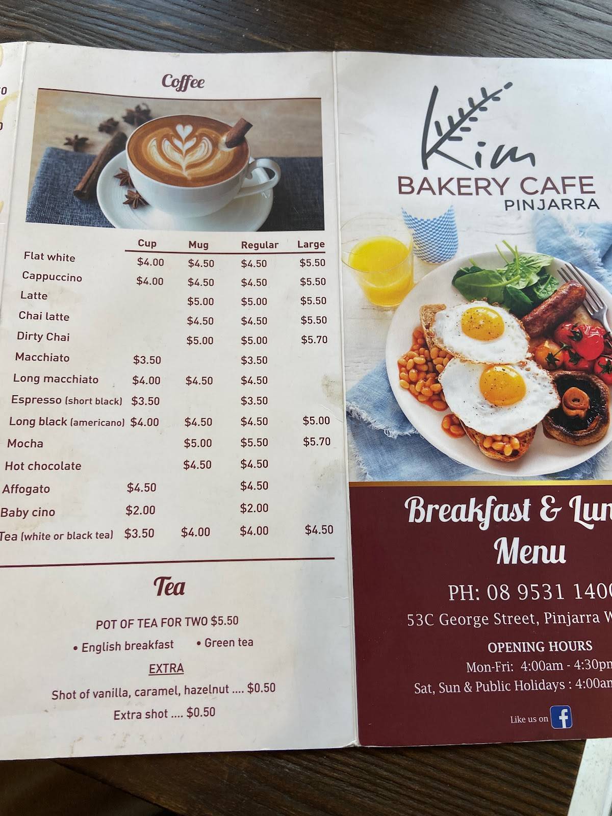 Menu at Kim Bakery Cafe, Pinjarra
