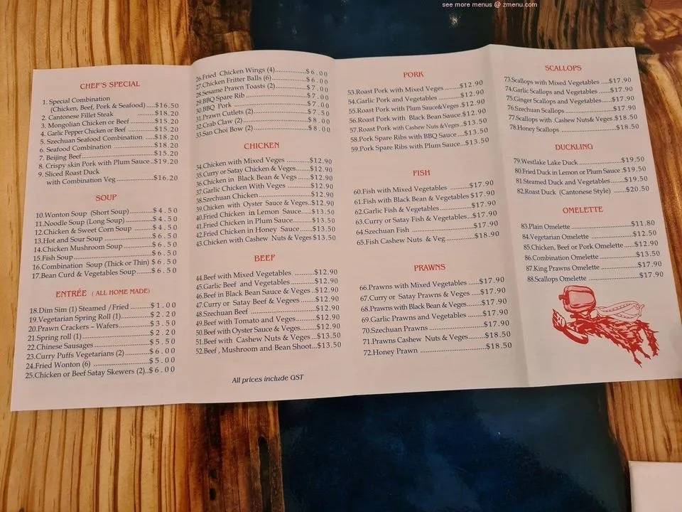 Menu at Kim & Li Chinese & Thai Restaurant, Mount Eliza