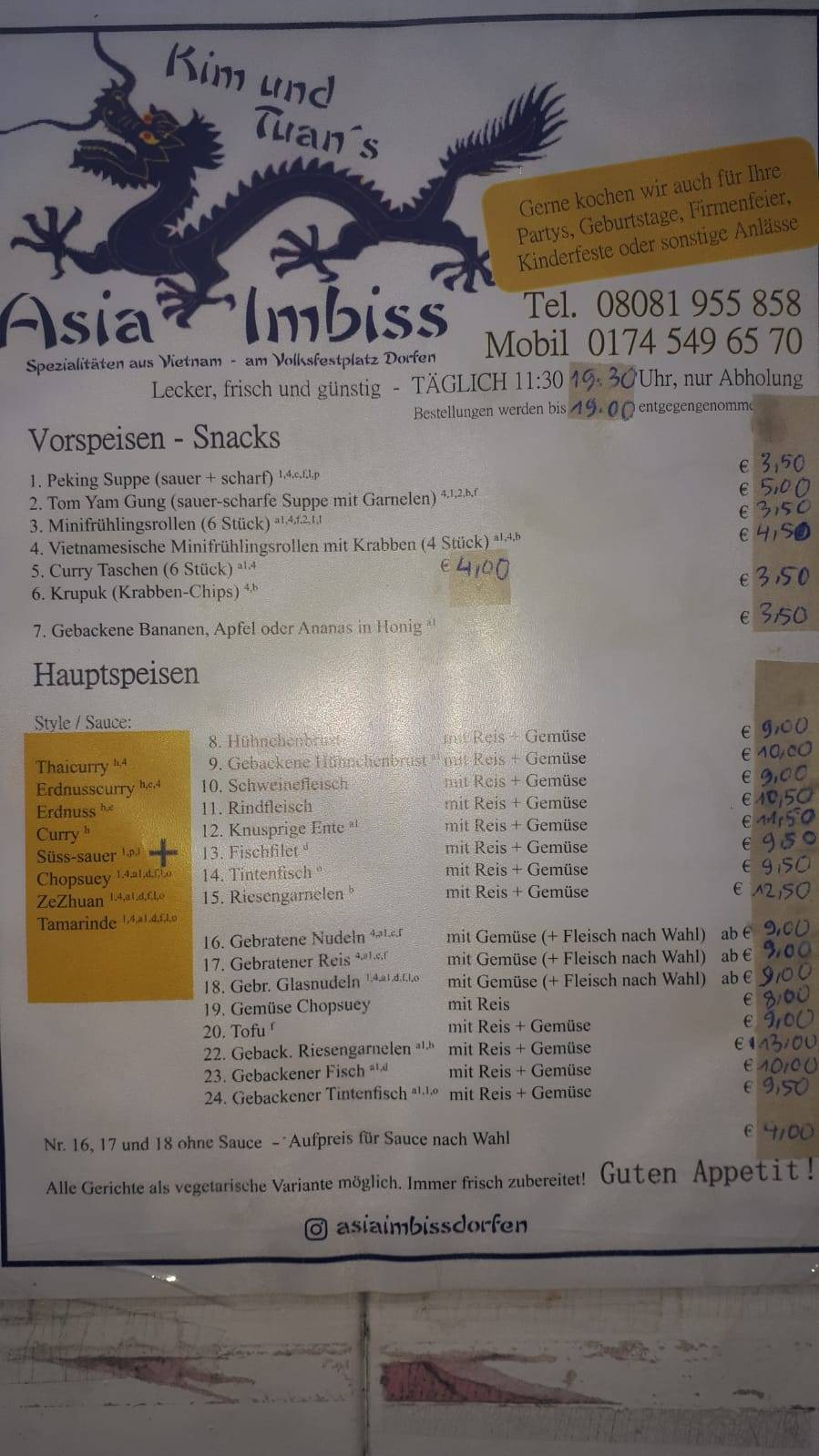Speisekarte von Kim und Tuan's Asia Imbiss, Buchbach