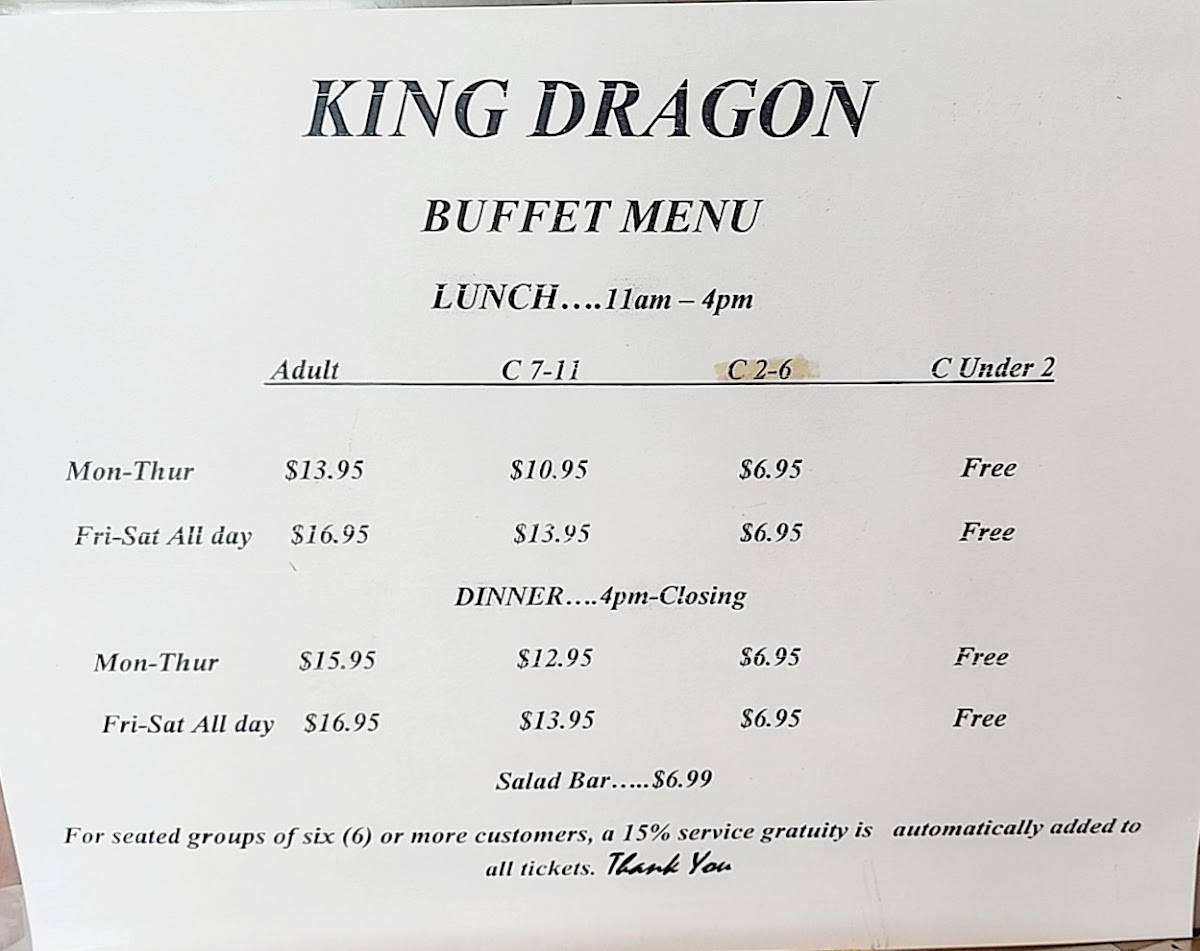 Menu at King Dragon restaurant, Gallup