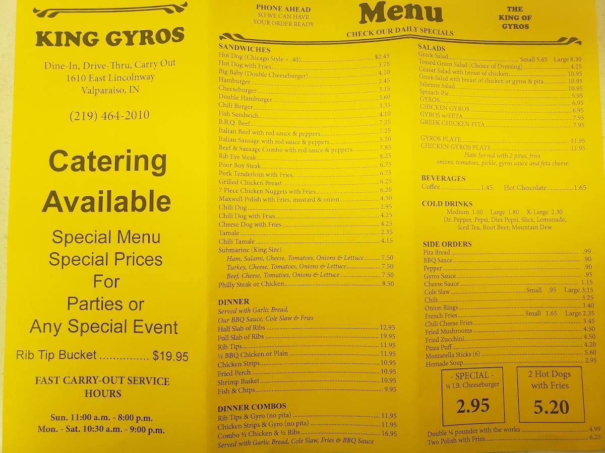 Menu at King Gyro's fast food, Valparaiso