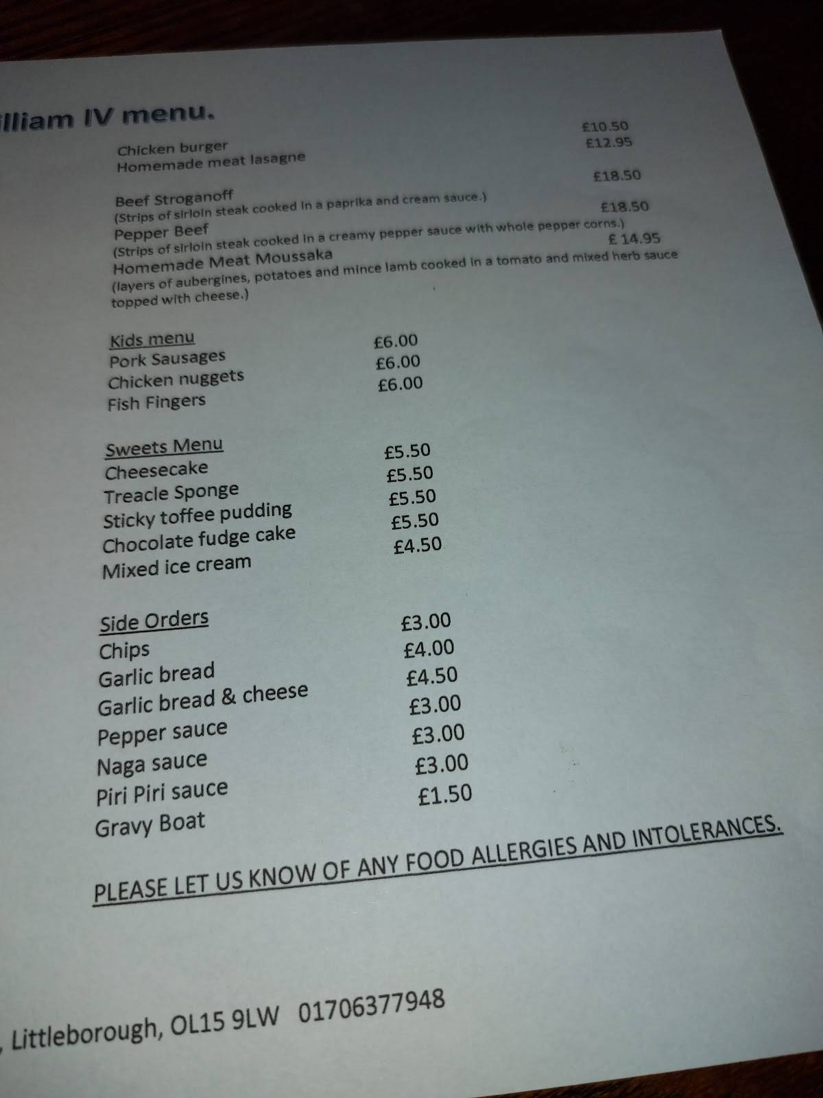 Menu at King William IV pub & bar, Littleborough