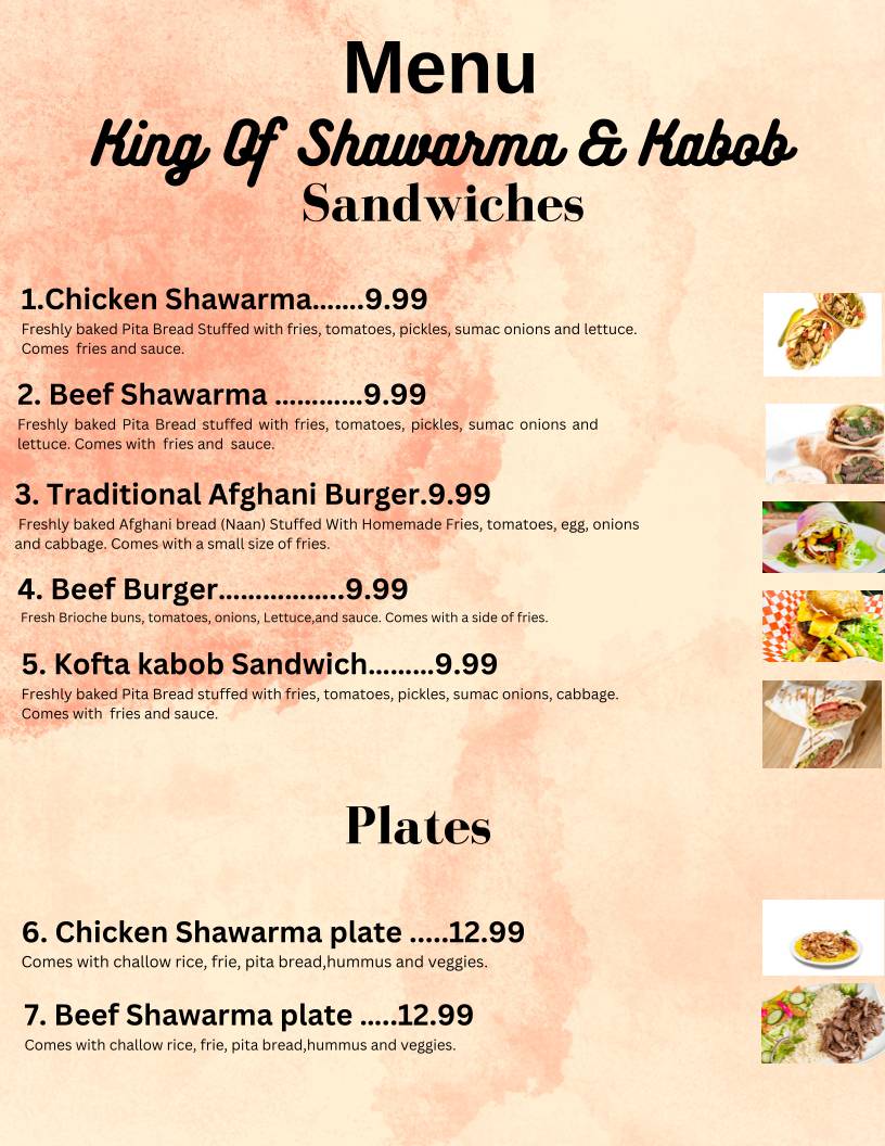 Menu at King of shawarma & kabob restaurant, Denver