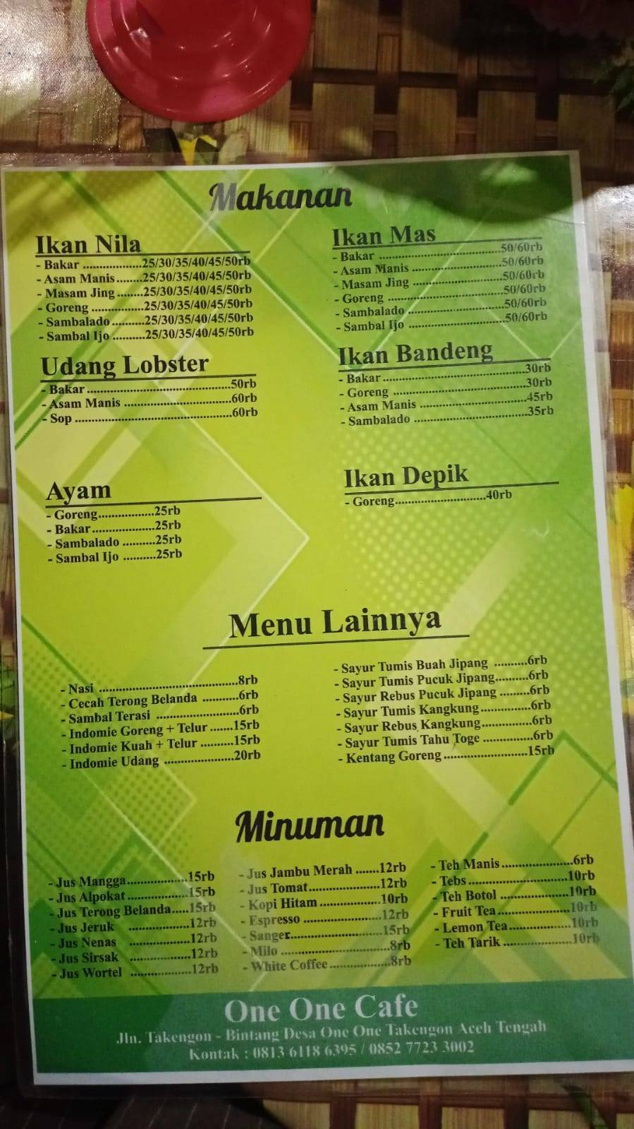 Menu at Kiniko One One Cafe, Takengon