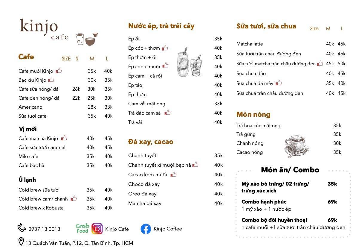 Menu at Kinjo Coffee cafe, Ho Chi Minh City