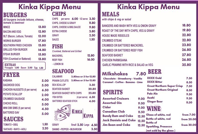 Menu at Kinka Kippa restaurant, Kinka Beach