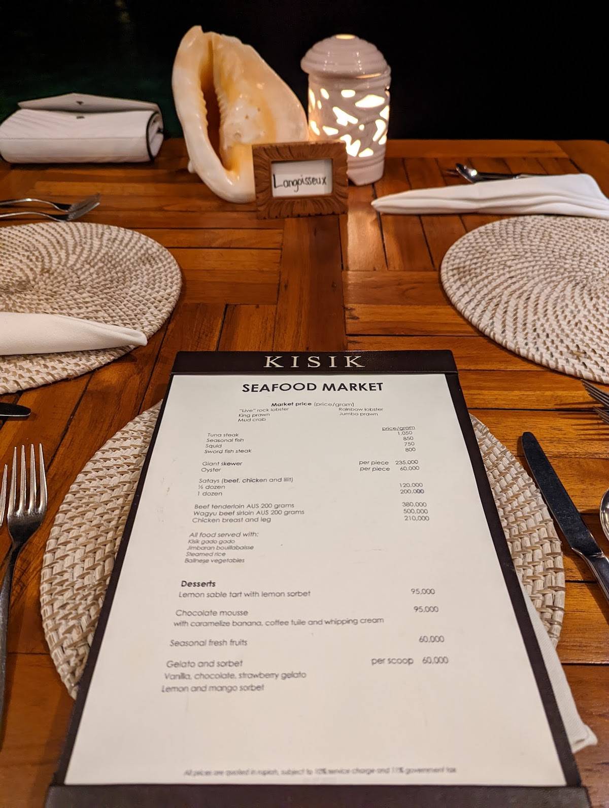 Menu at Kisik Seafood Bar and Grill, Jimbaran, Sejahtera